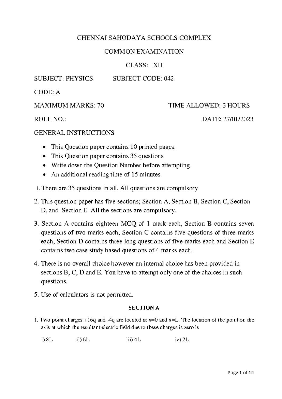 CSSC- Physics Class XII Question Paper CODE A - 70 Marks - Studocu