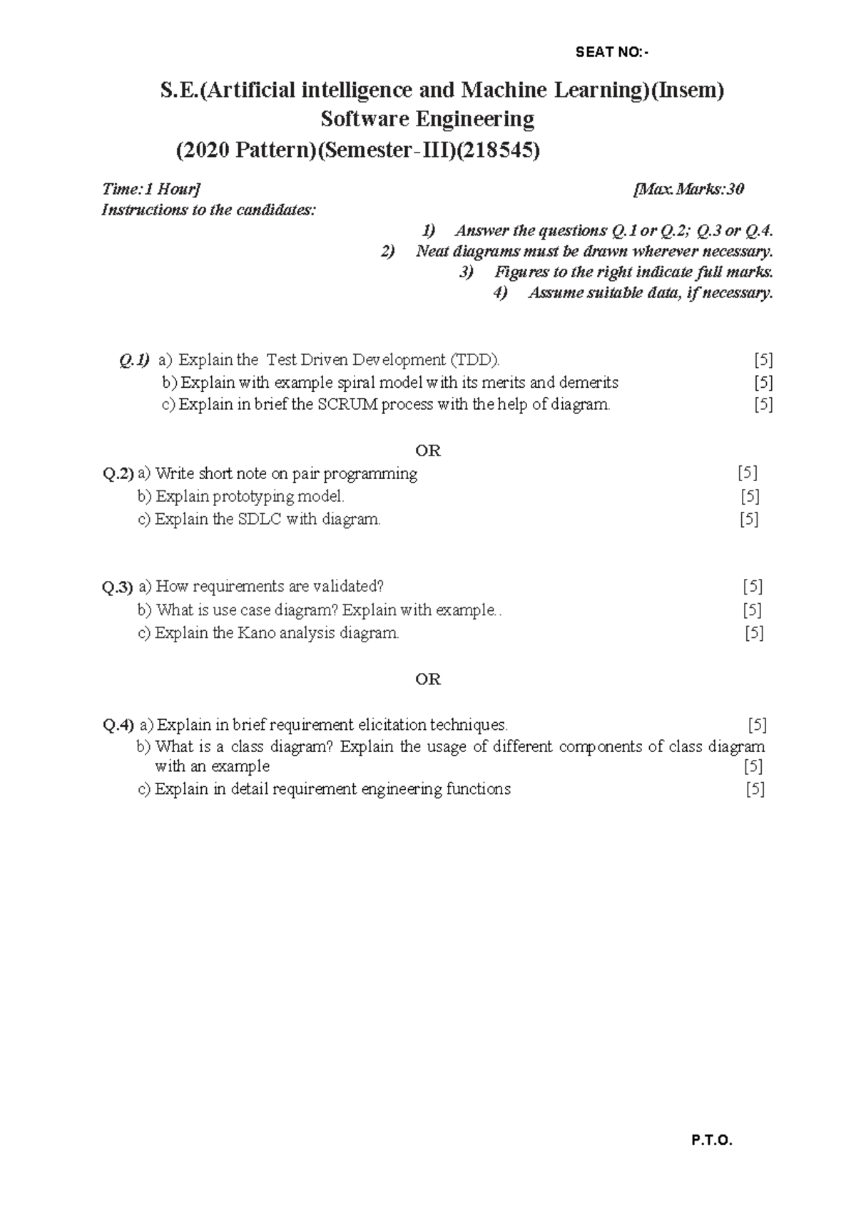 SE AI&ML Insem Question Paper - Software Engineering (2020 Pattern) - Studocu
