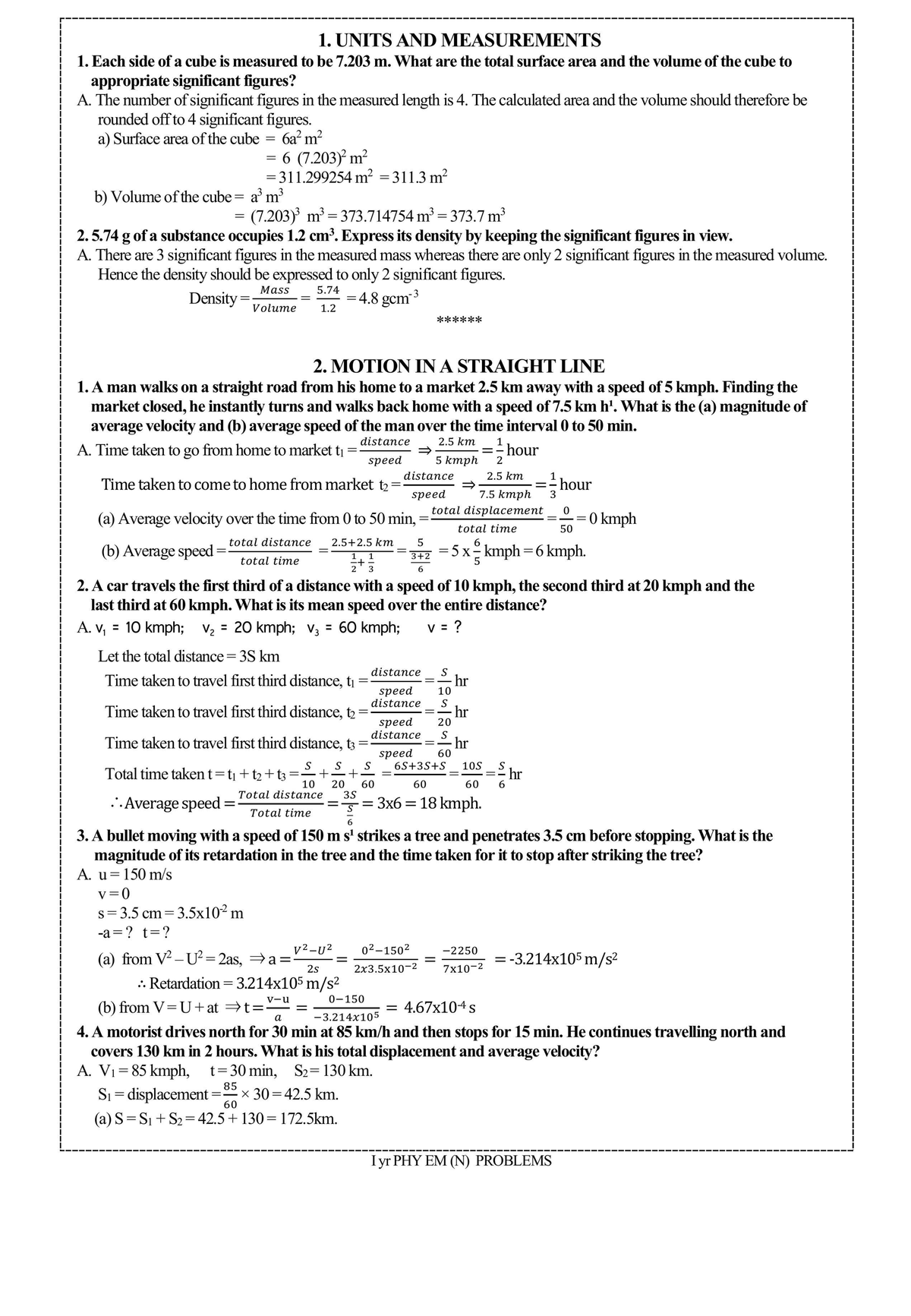 PHY EM (N) PROBLEMS: Units, Measurements, Motion & Energy Concepts ...