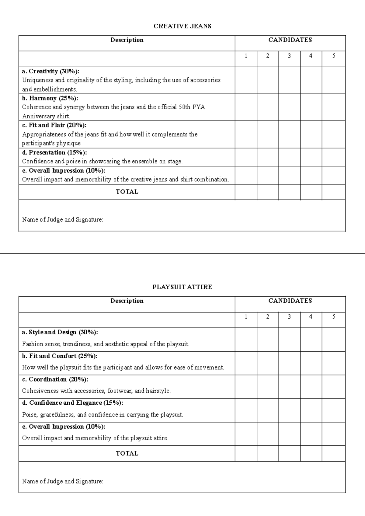 Criteria for Miss PYA: Evaluation of Creative Outfits and Q&A Skills ...