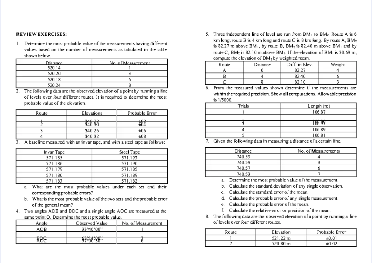 Surveying Fundamentals: Review Exercises & Probable Value Calculation - Studocu