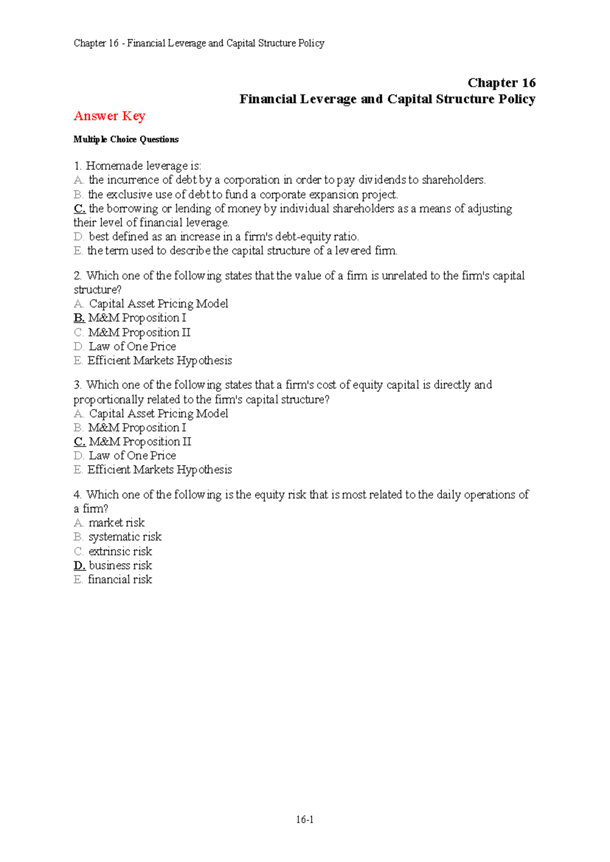 QB Chapter 16 Financial Leverage & Capital Structure Policy (with Key ...