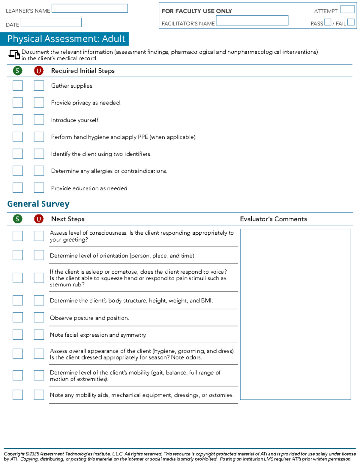 Physical Assessment: Adult Skills Checklist (Course Code) - Studocu