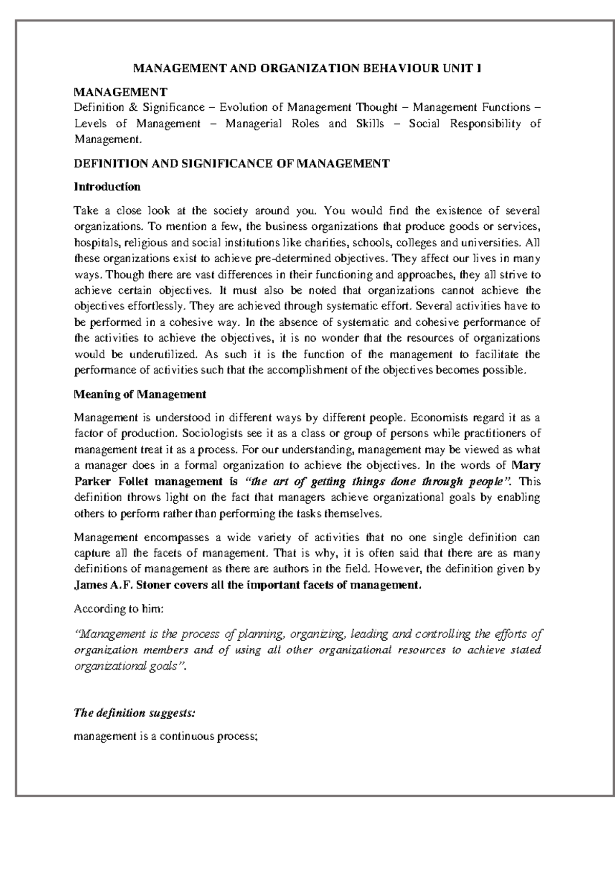 MANAGEMENT AND ORGANIZATION BEHAVIOUR: UNIT I OVERVIEW AND KEY CONCEPTS ...