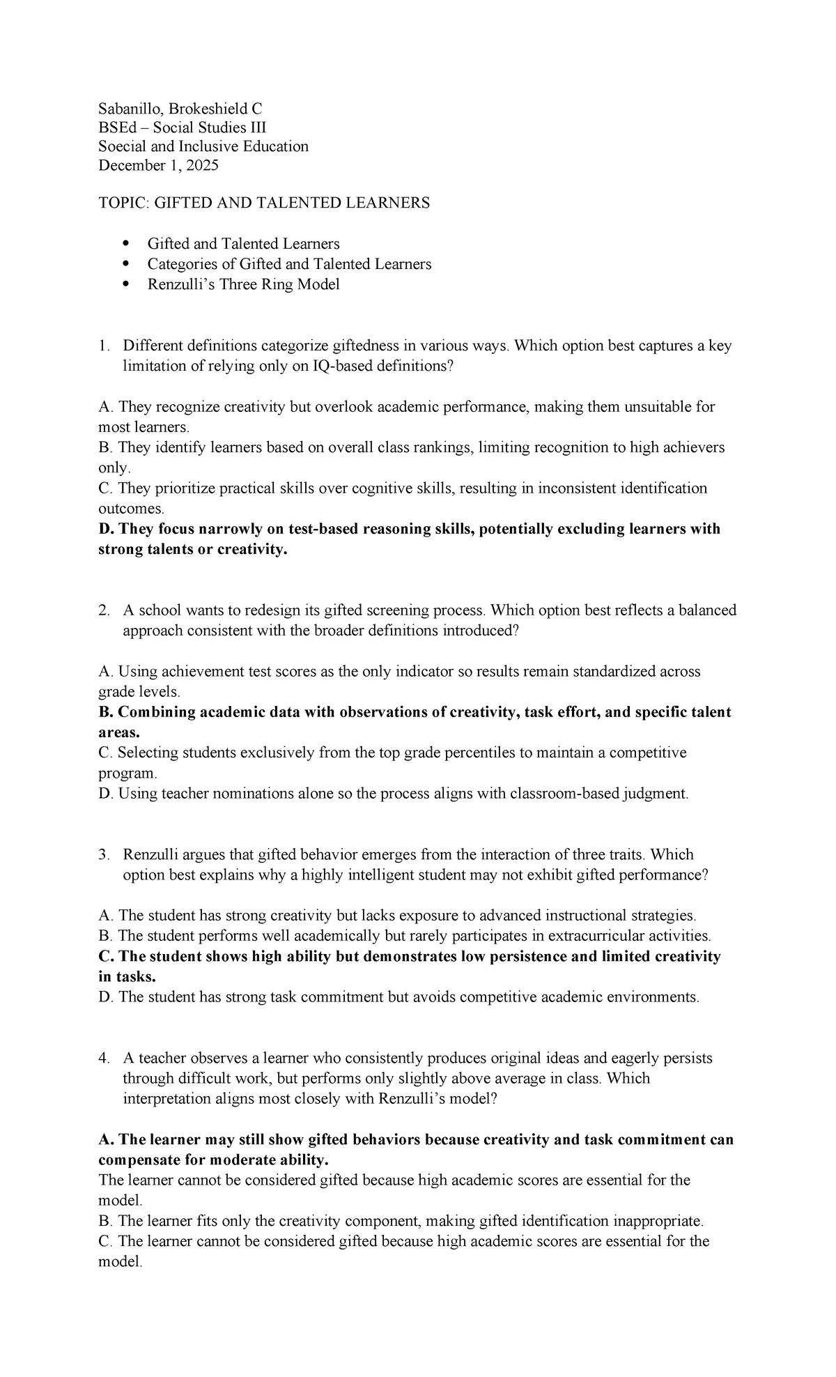 BSEd Social Studies: Gifted and Talented Learners Overview - Studocu