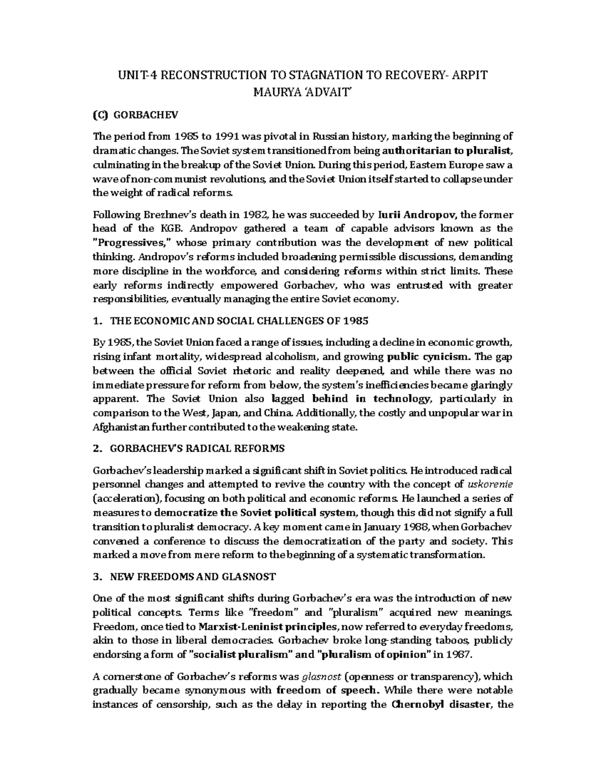 Gorbachev's Reforms: From Stagnation to Transformation (HIST 101) - Studocu