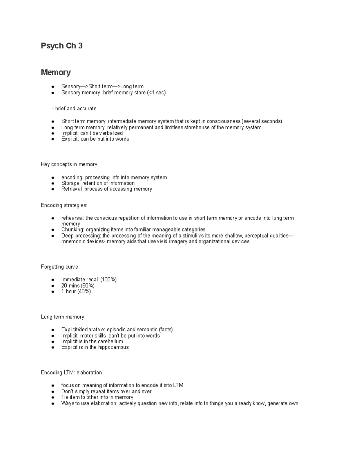 Psychology Ch 3 Lecture Notes: Memory & Cognitive Processes - PSYC 101 ...