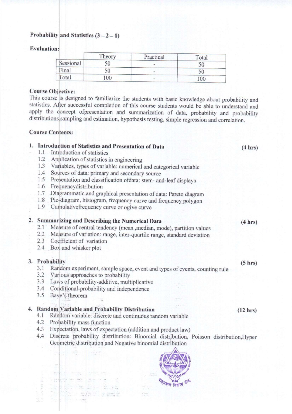 Prob. and Stats (3 2 0) Syllabus Overview and Course Objectives - Studocu