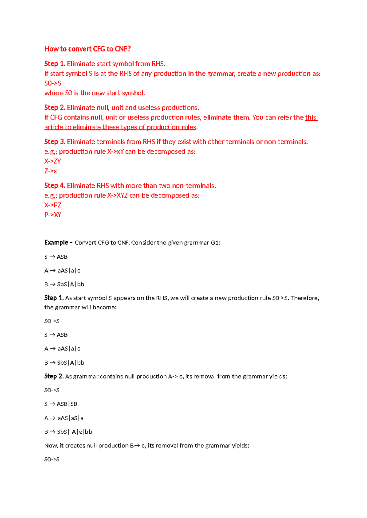 CFG to CNF Conversion Algorithm: Step-by-Step Guide - Studocu