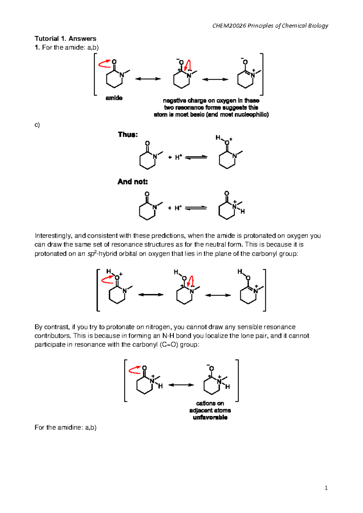 CHEM20026 Principles of Chemical Biology Tutorial 1 Answers - Studocu