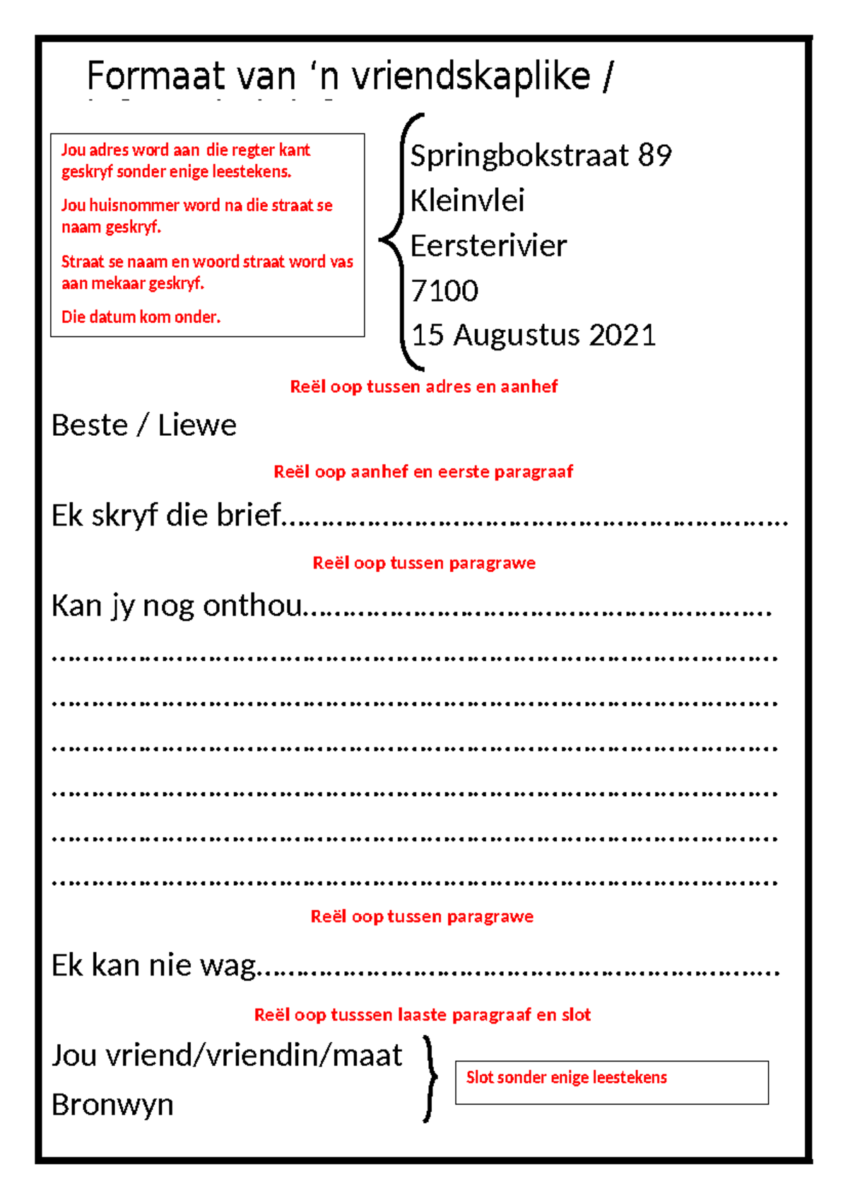 Formaat van 'n vriendskaplike brief - Formaat van ‘n vriendskaplike ...