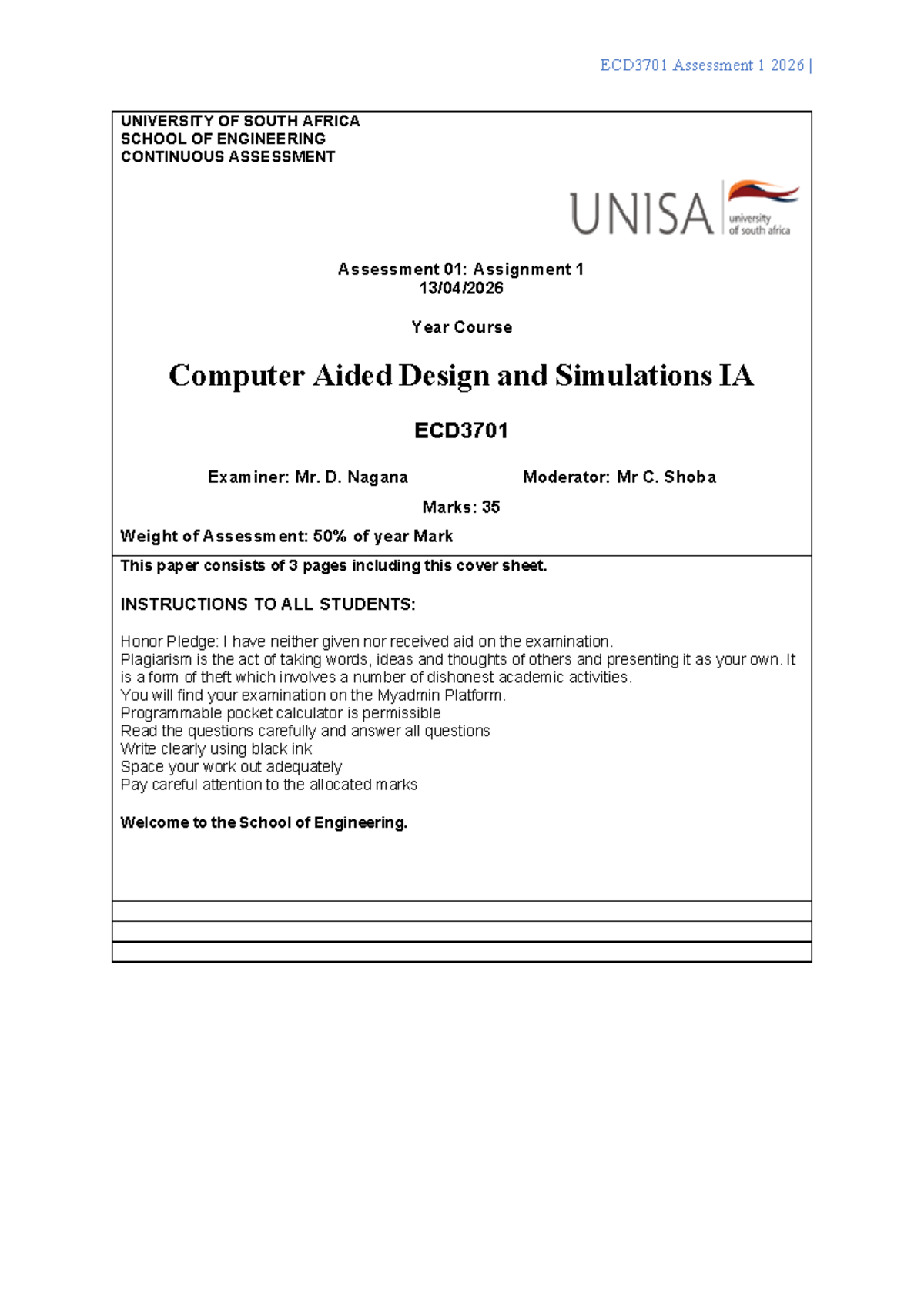 ECD3701 Assignment 1: Computer Aided Design & Simulations 2026 - Studocu