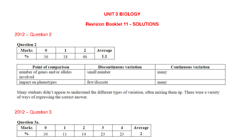 BIOLOGY UNIT 3 Revision Booklet 11 - 2023 Solutions - Studocu