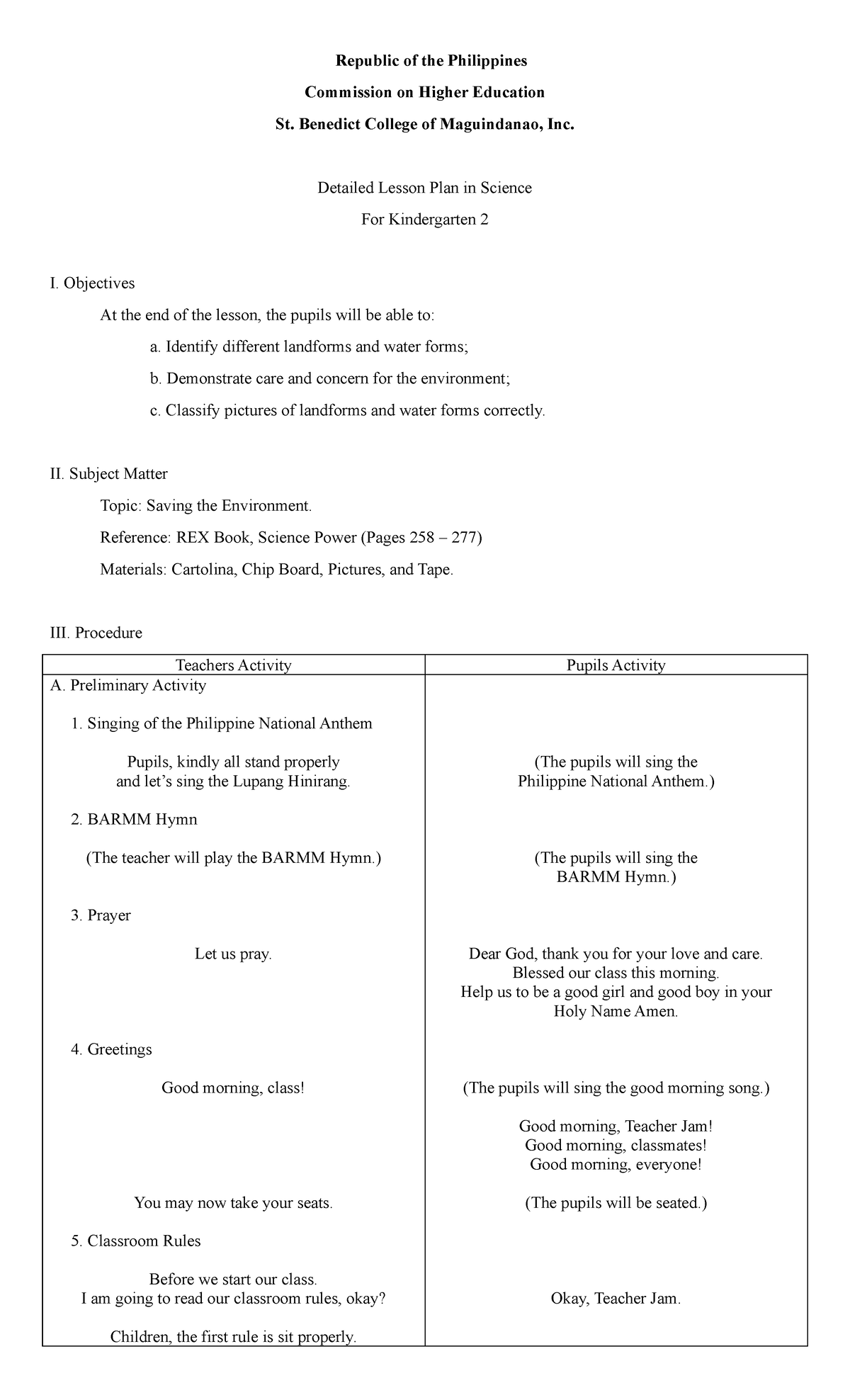 Detailed Lesson Plan in Science for Kindergarten 2: Saving the ...