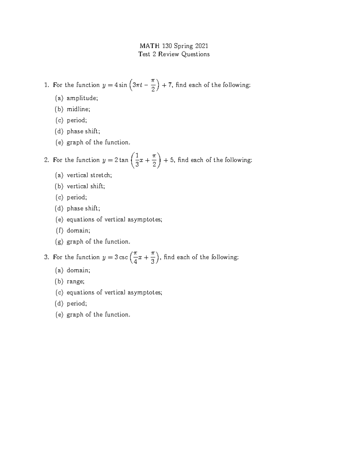 MATH 130 Test 2 Review Problems and Solutions for Spring 2021 - Studocu