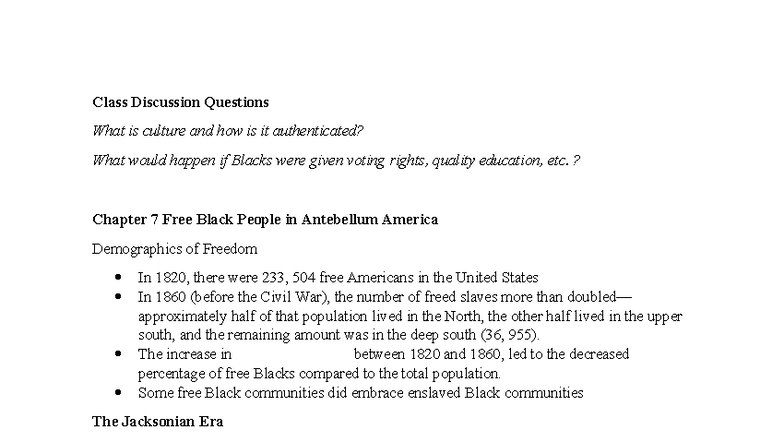 Chapter 7: Free Black People in Antebellum America - Class Discussion ...