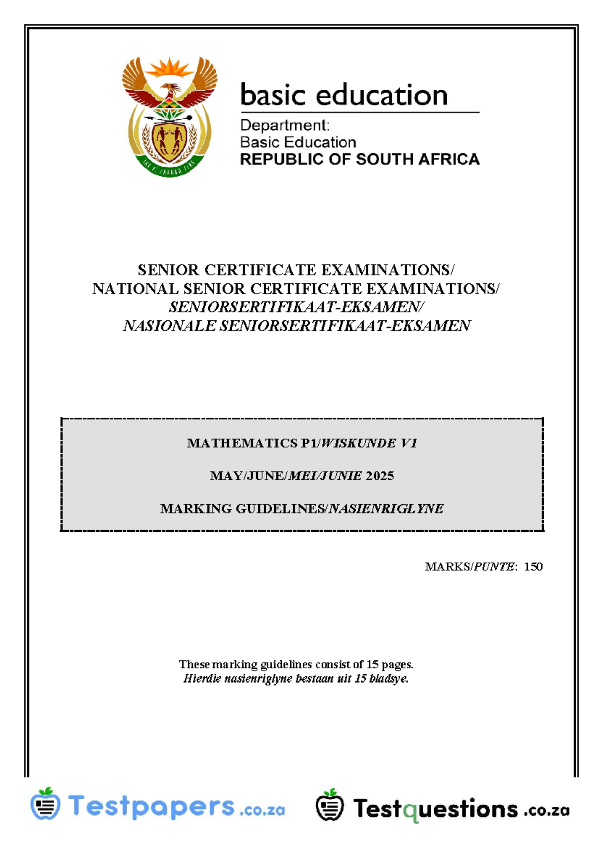 Mathematics V1 2025 Marking Guidelines for Senior Certificate - Studocu