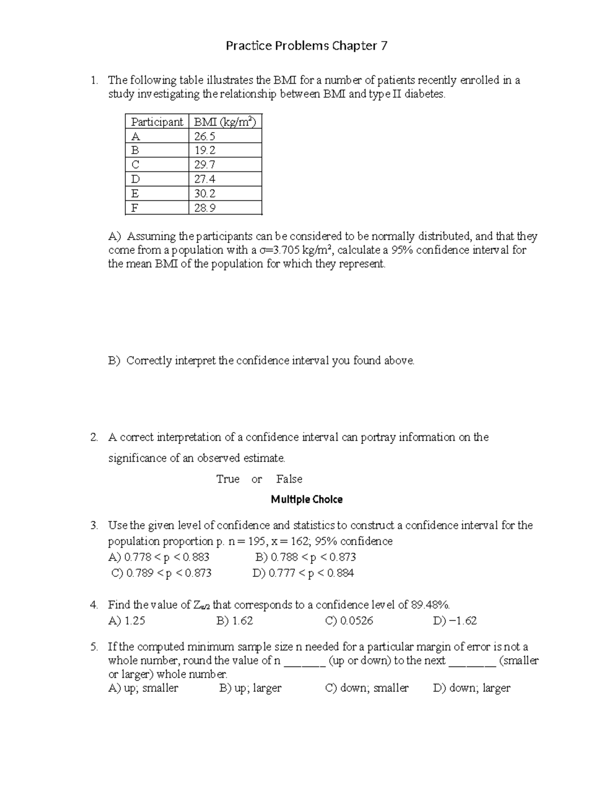 Practice Problems for Chapter 7 (FA 22): Confidence Intervals & Analysis - Studocu