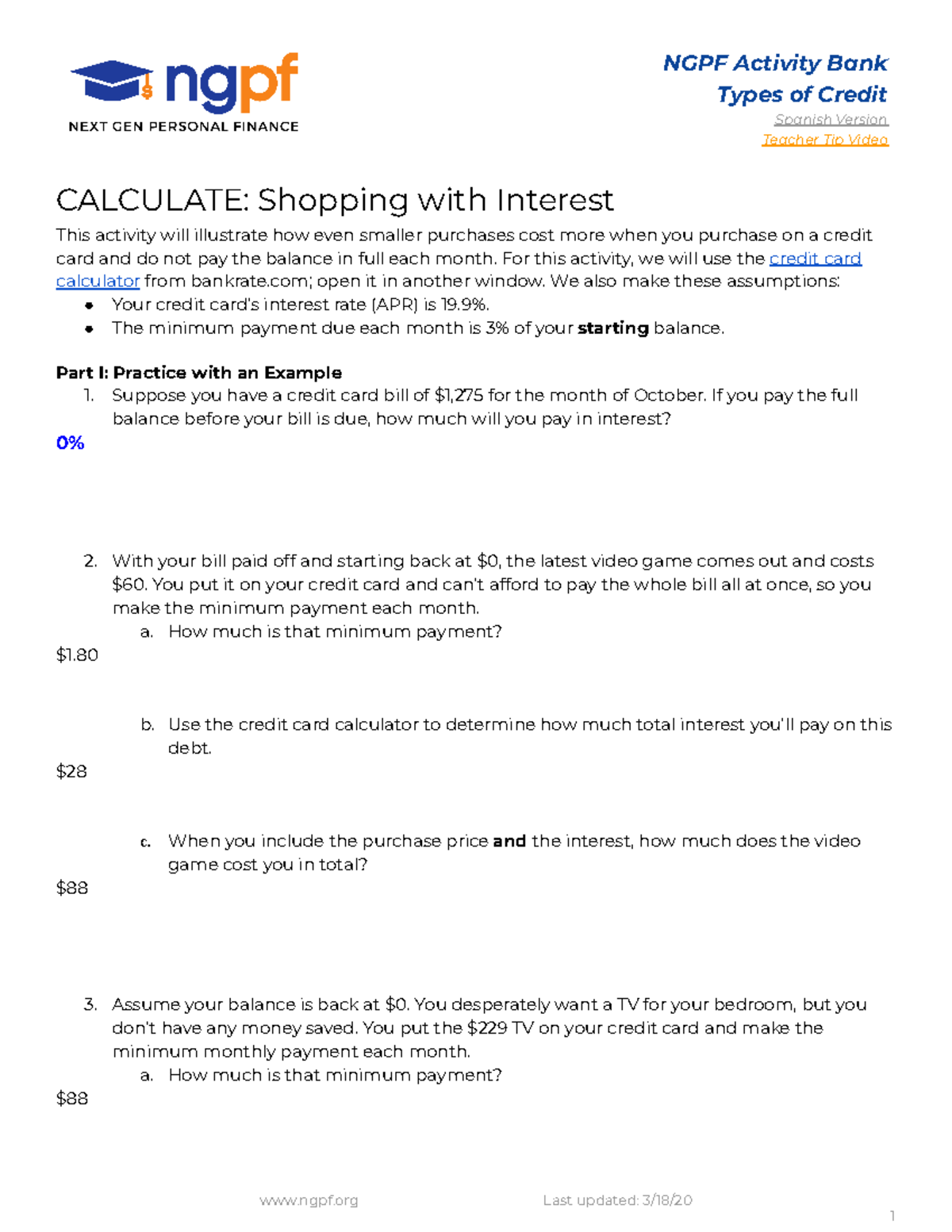 NGPF Activity Bank: Calculate Credit Card Shopping with Interest - Studocu