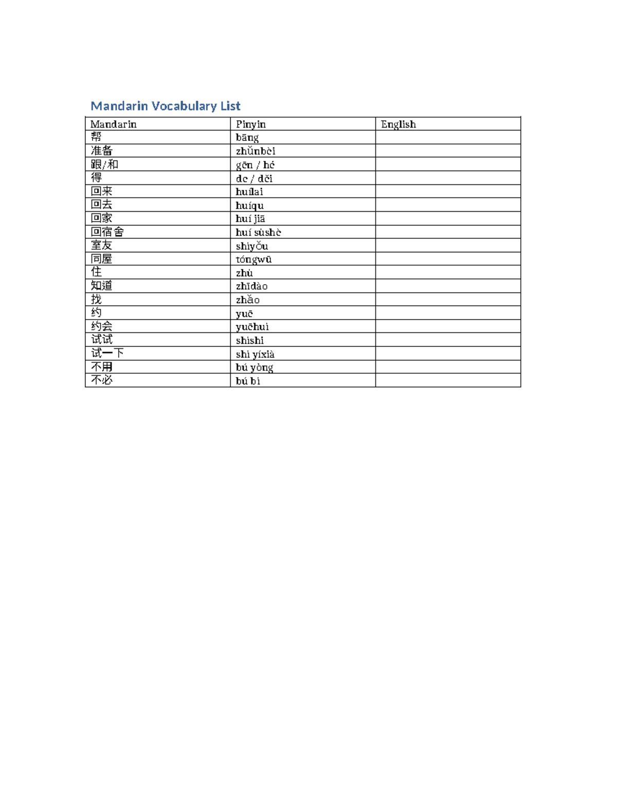 Mandarin Vocabulary List - Mandarin Vocabulary List Mandarin Pinyin ...