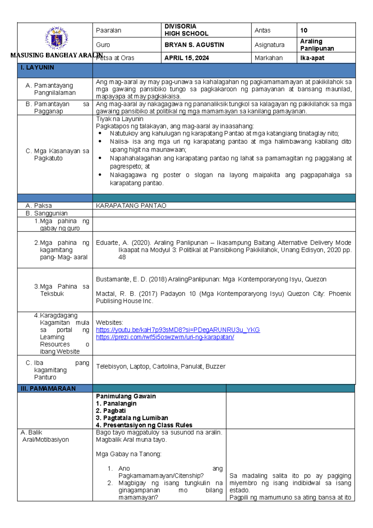 Karapatang Pantao: Ika-10 na Baitang na Gawain sa Araling Panlipunan ...