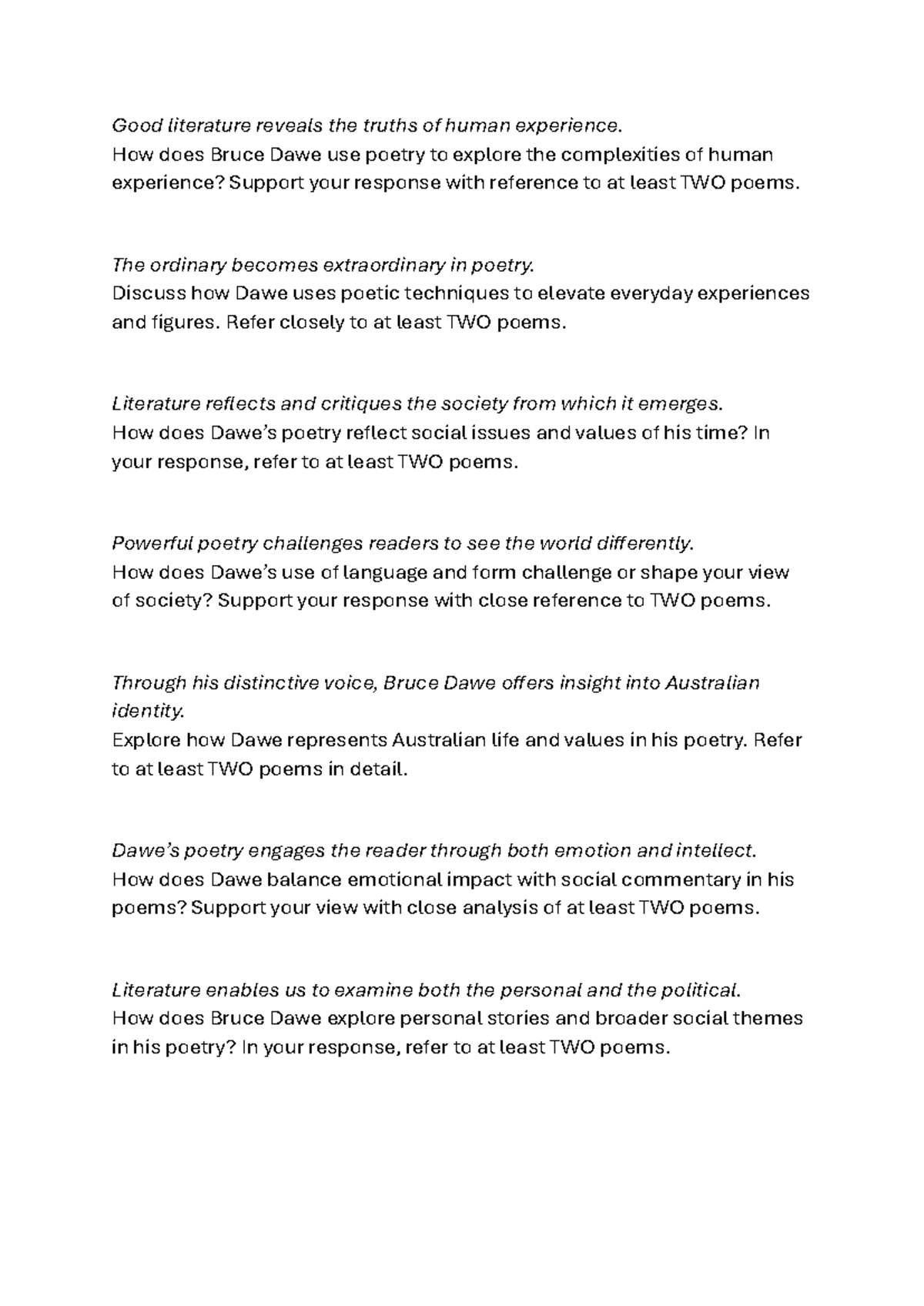 11ADV - Practice Essay Questions on Bruce Dawe's Poetry Analysis - Studocu