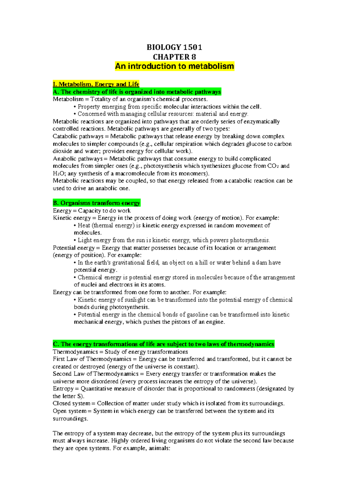 BIOLOGY 1501 CHAPTER 8 Metabolism: Energy Transformations and Enzymes ...