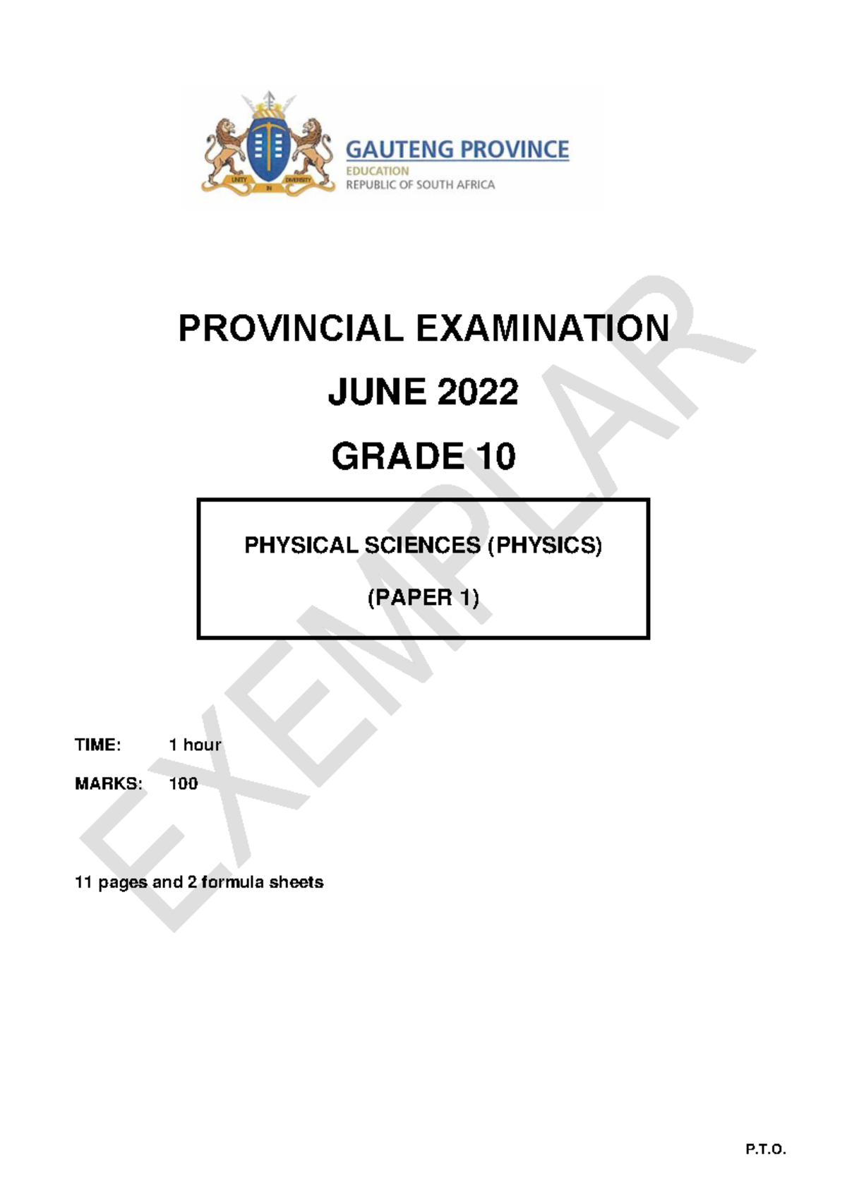 Grade 10 Physical Sciences P1 June 2022 Question Paper - Studocu