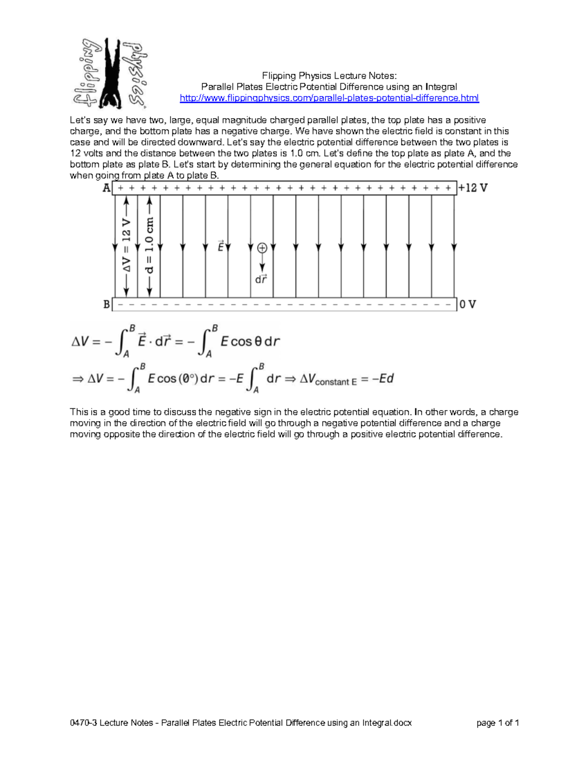 0470-3 Lecture Notes: Electric Potential Difference in Parallel Plates ...