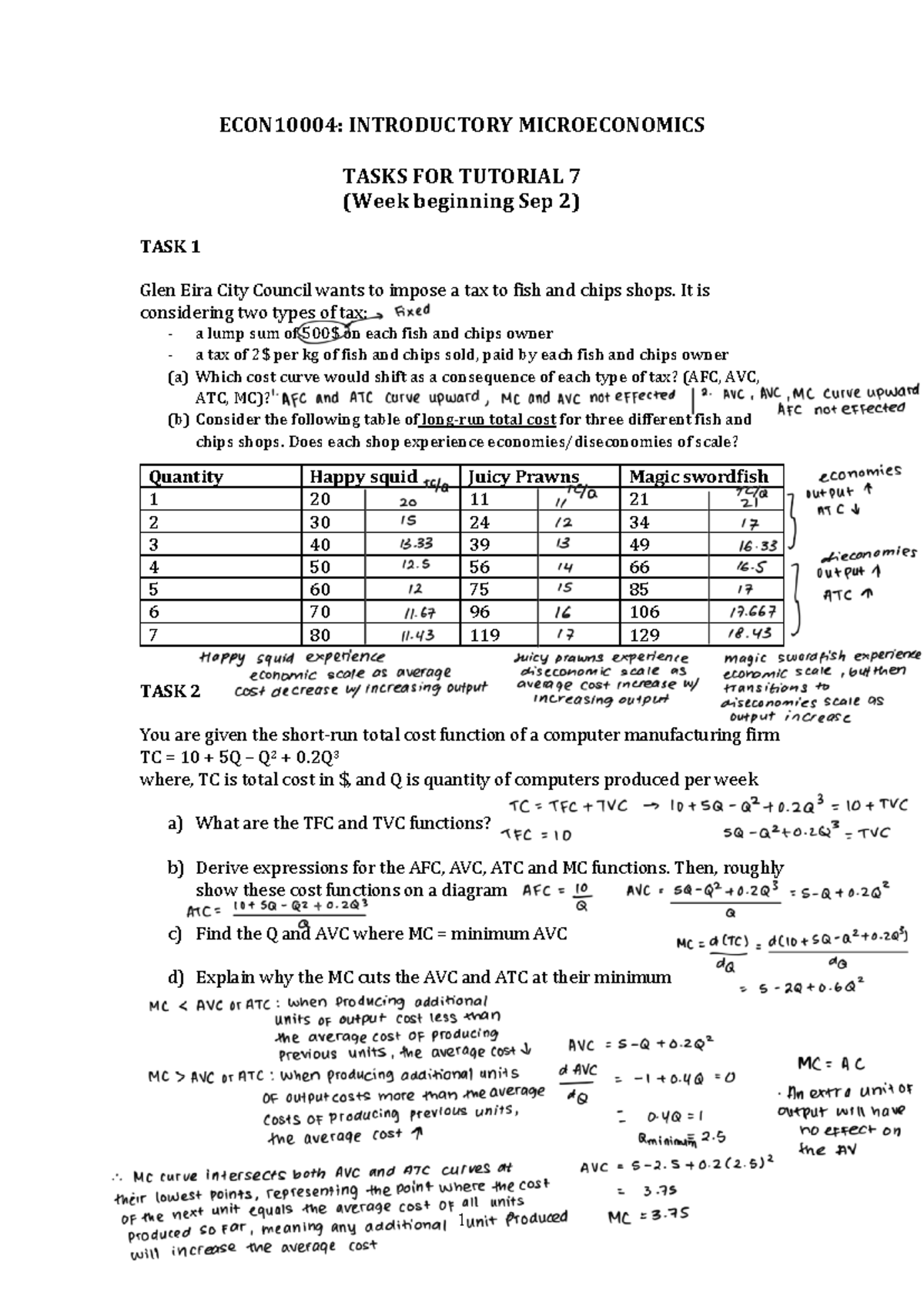 ECON10004: Week 7 Tutorial Questions on Microeconomics Concepts - Studocu