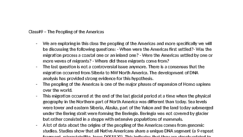 The Peopling of the Americas: Insights from Class #9 Notes (2121) - Studocu