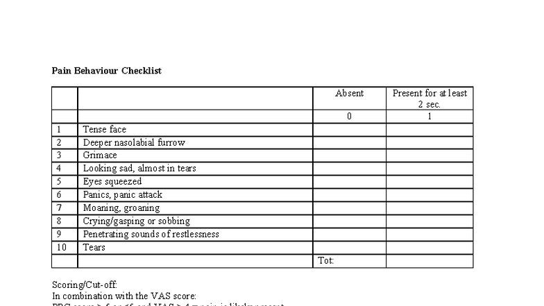 Chronic Pain Assessment Toolbox for Children: Pain Behaviour Checklist ...