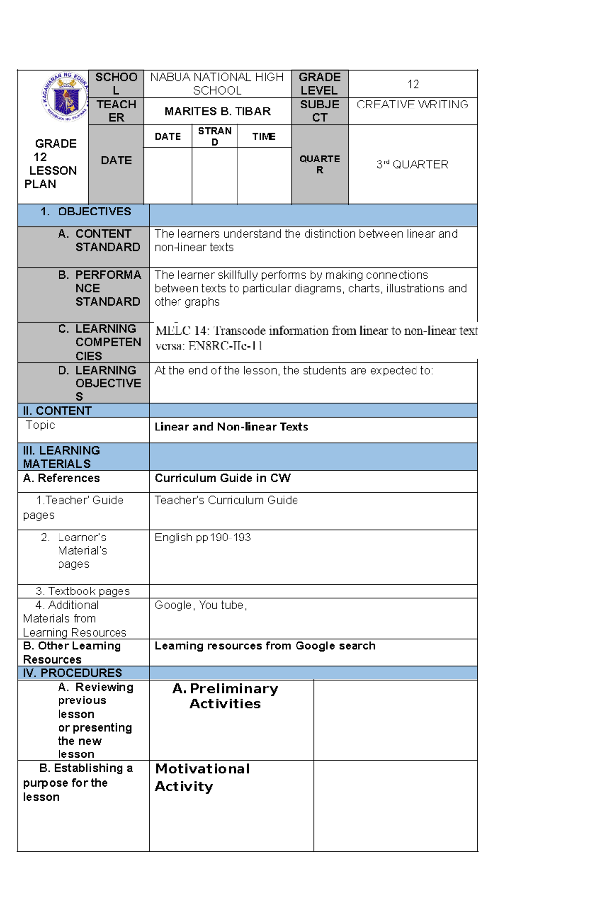 DLP-12 Creative Writing Lesson Plan - Nabua National High School - Studocu
