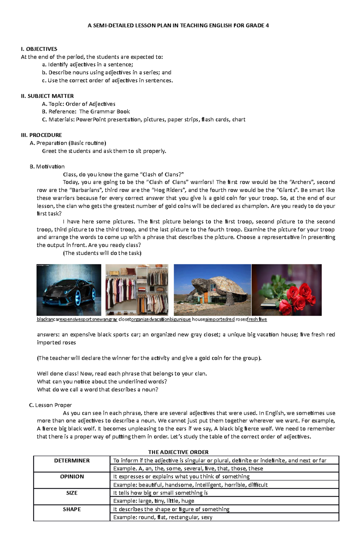 Lesson Plan: Order of Adjectives for Grade 4 - Roxas Class - Studocu
