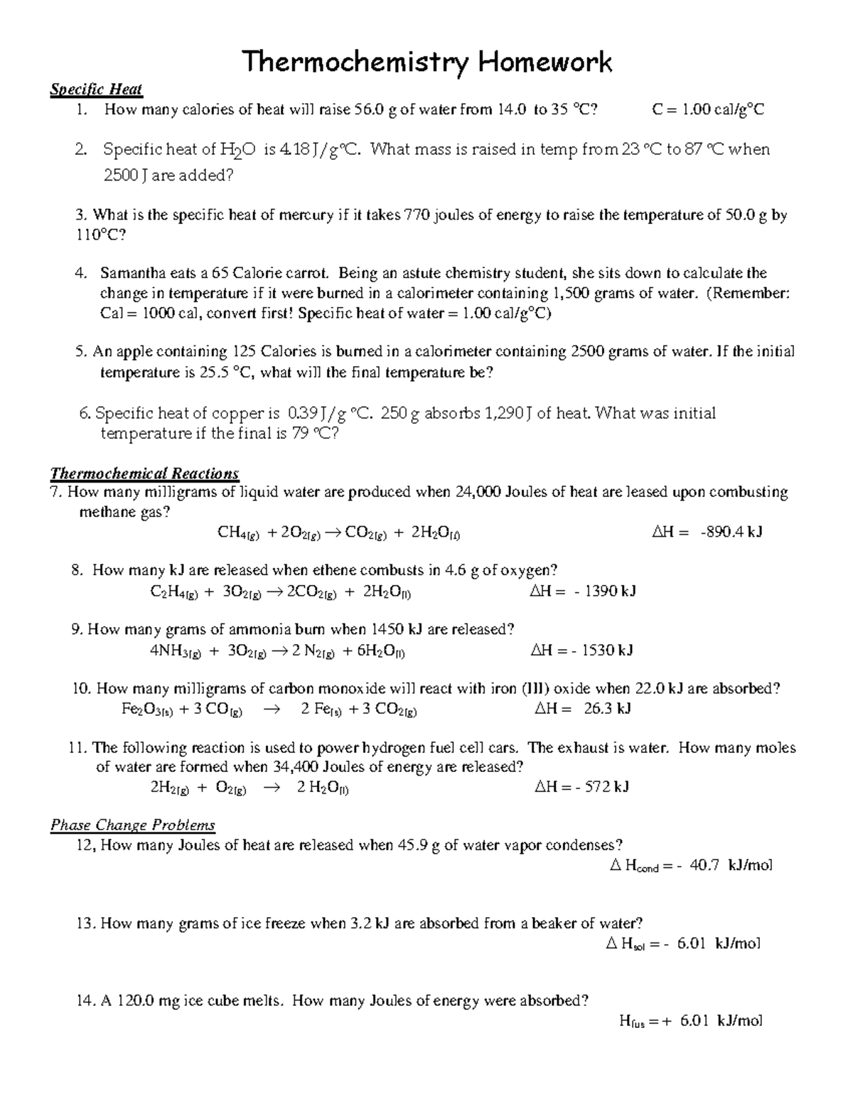Thermochemistry Homework Problems and Solutions (Course Code: TBD ...