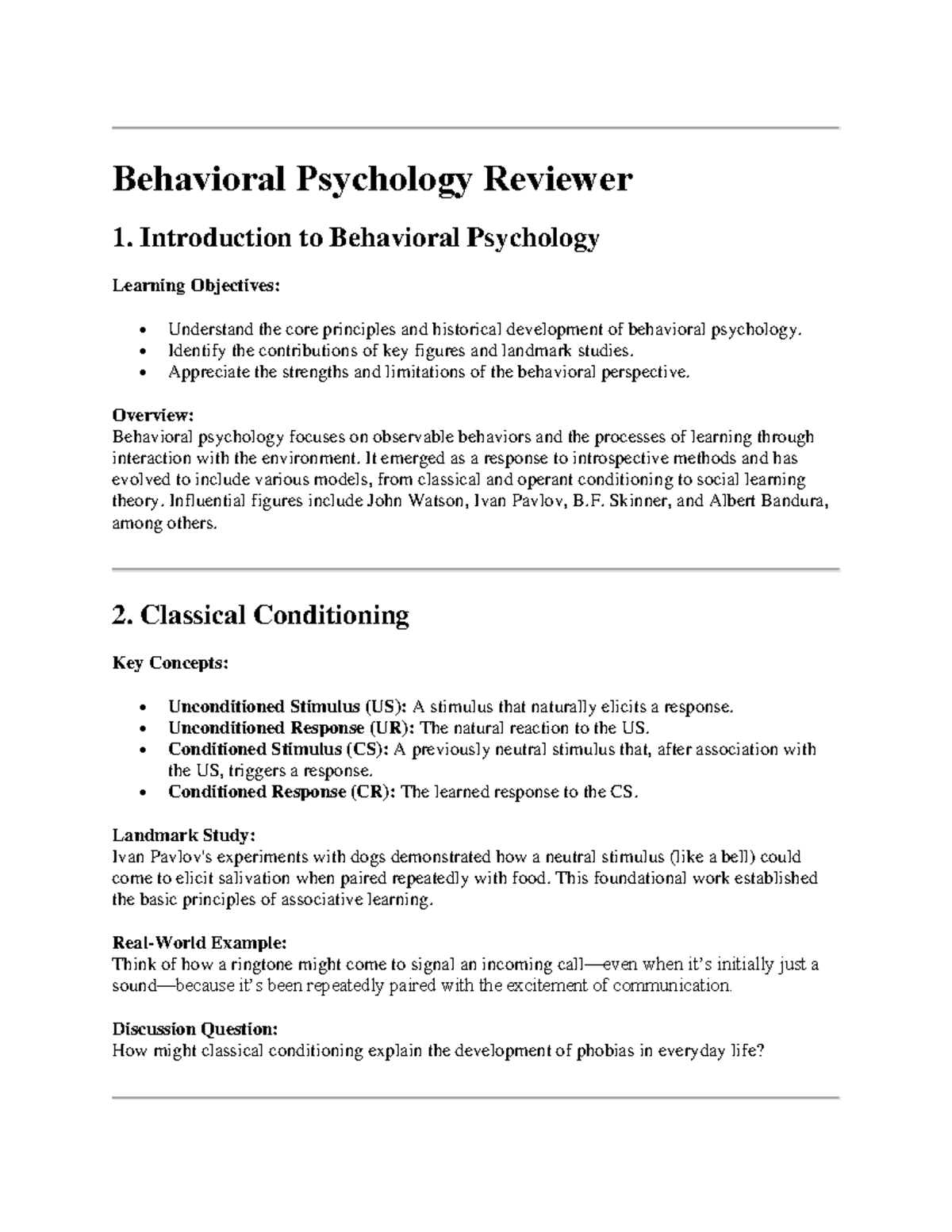 Behavioral Psychology Reviewer - Introduction to Behavioral Psychology ...