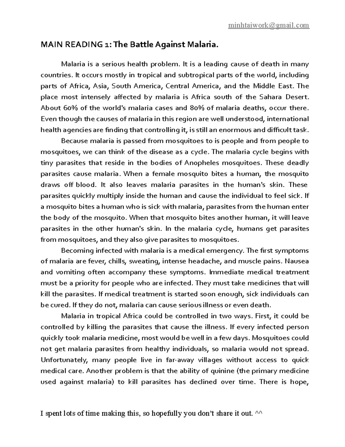 CH1 - Reading on The Battle Against Malaria: Health & Solutions - Studocu