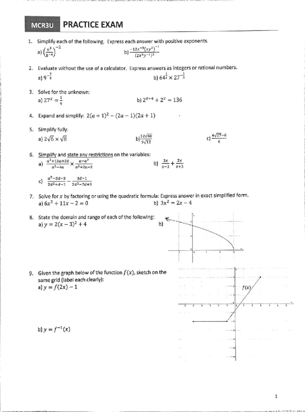 MCR3U PRACTICE EXAM REVIEW: Key Concepts and Solutions - Studocu