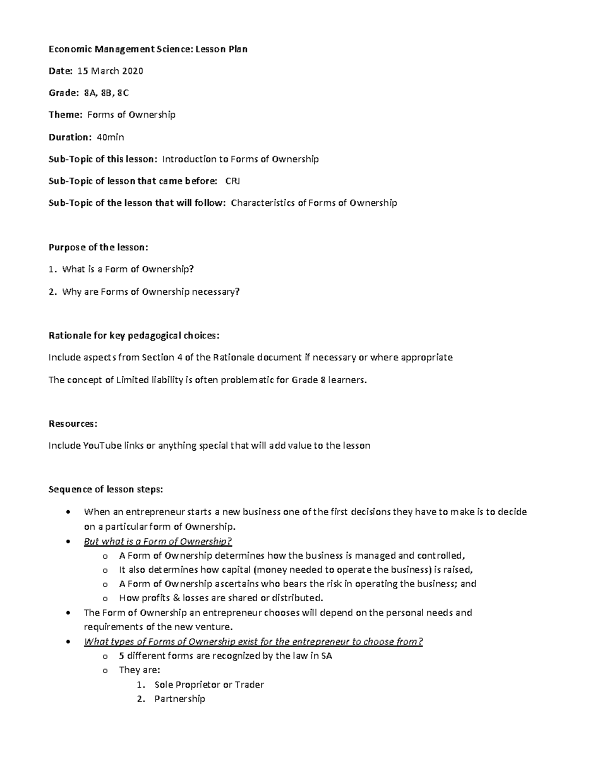EMS 8A-C: Lesson Plan on Forms of Ownership - Studocu