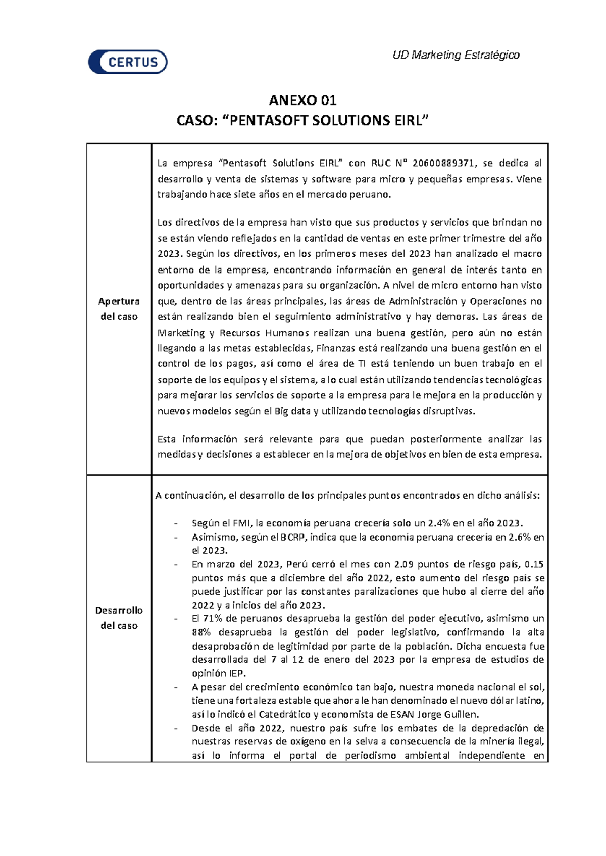 Evidencia 1 - Análisis de Caso: Pentasoft Solutions EIRL en Marketing - Studocu