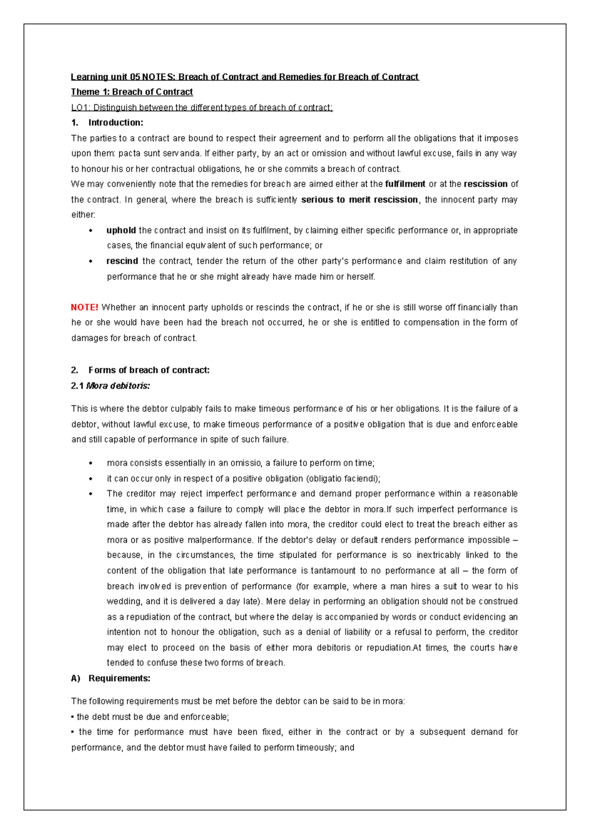 LU5 Notes: Breach of Contract & Remedies Overview - Studocu