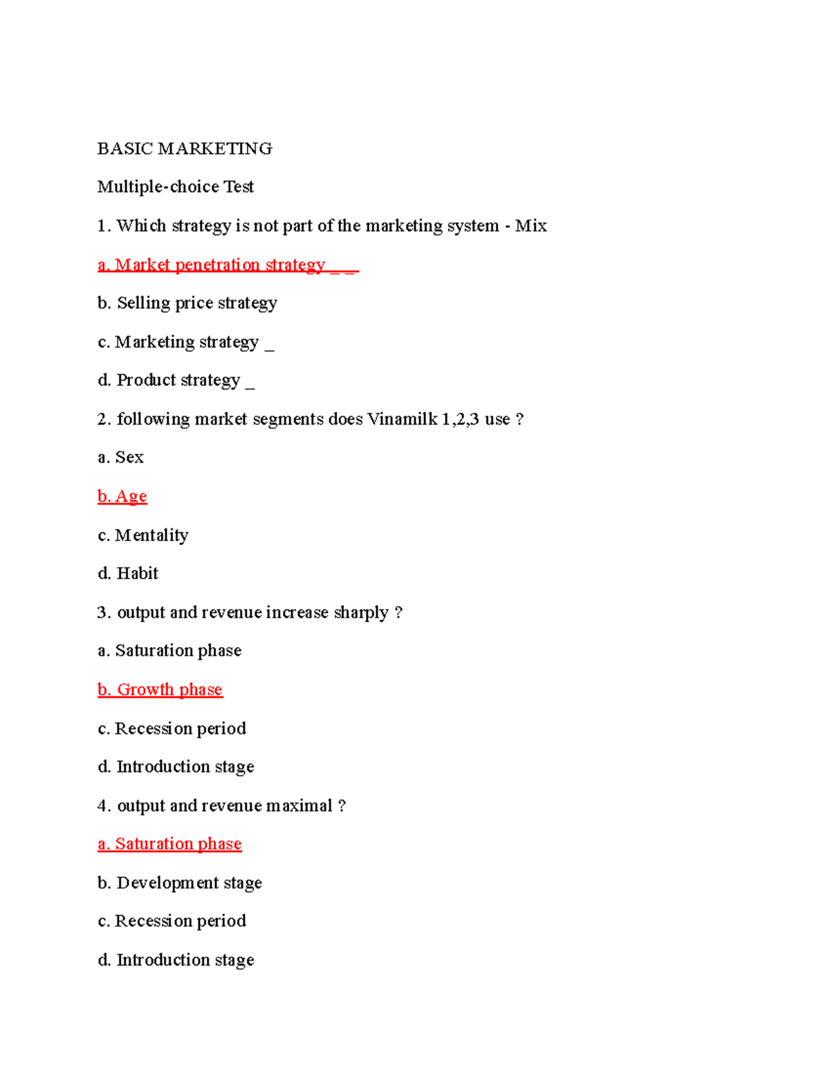 Basic Marketing - Ôn Tập Test Questions for Revision - Studocu