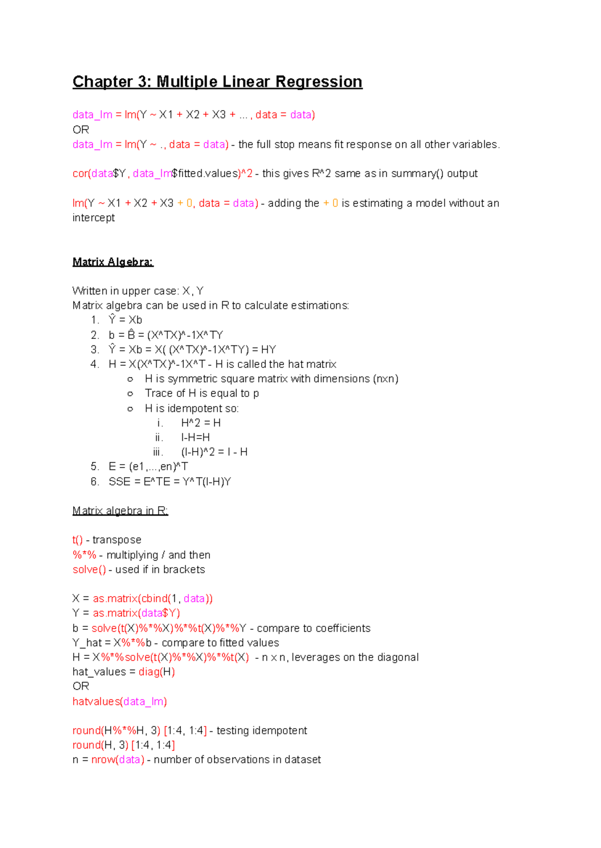 Stats A2: Summary of Multiple Linear Regression Concepts and Techniques - Studocu