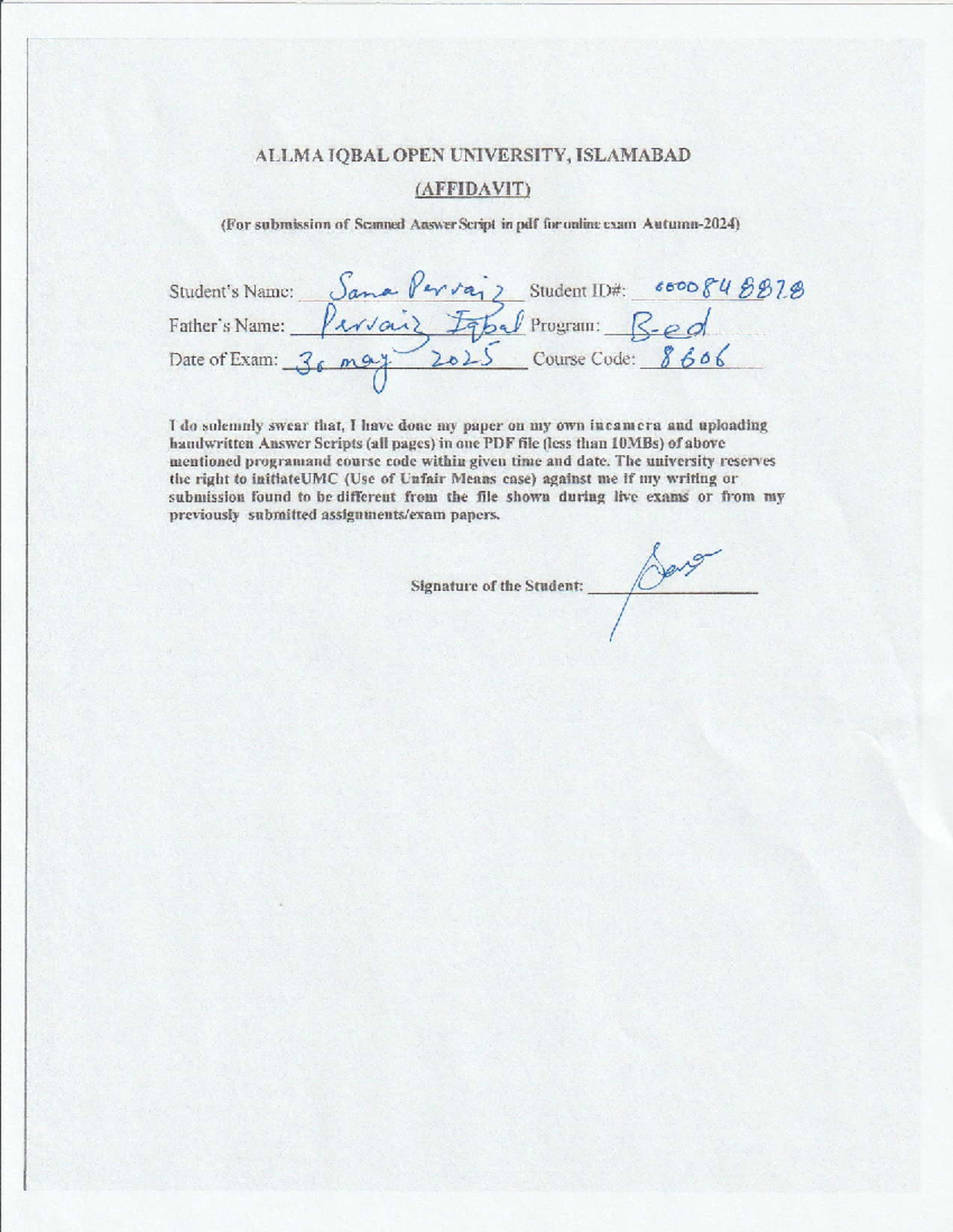 8606 - Affidavit for Submission of Scanned Answer Script - Studocu