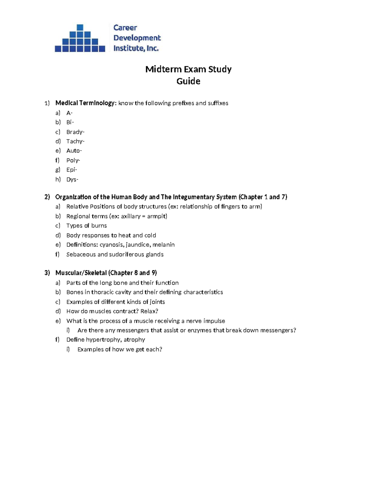 Midterm Exam Study Guide: Medical Terminology & Human Body Systems ...
