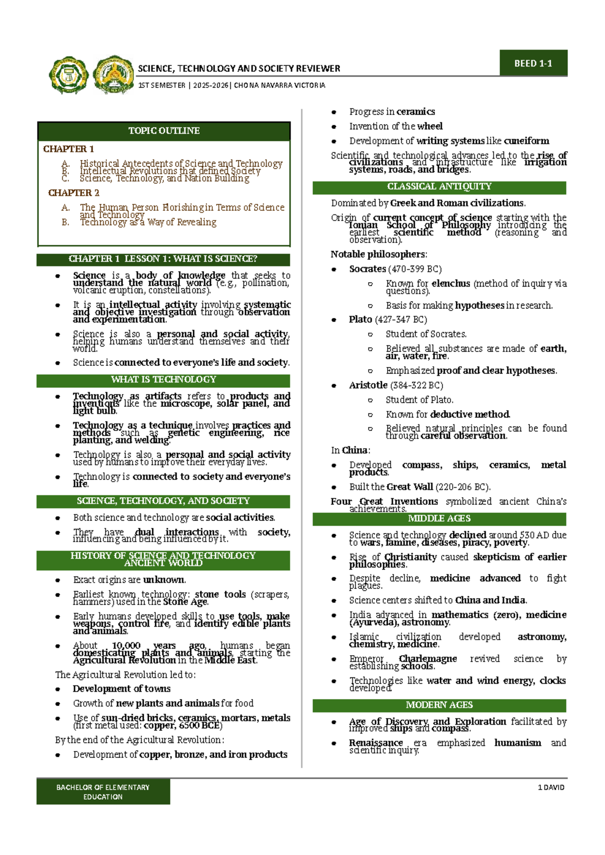 BEED SCIENCE, TECHNOLOGY AND SOCIETY REVIEWER: 1ST SEMESTER OUTLINE ...