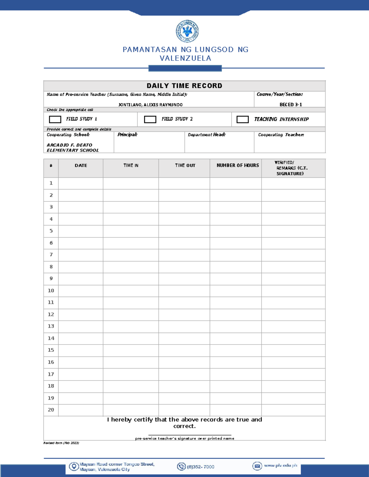 FS Practice Teaching DTR - PAMANTASAN NG LUNGSOD NG VALENZUELA DAILY ...