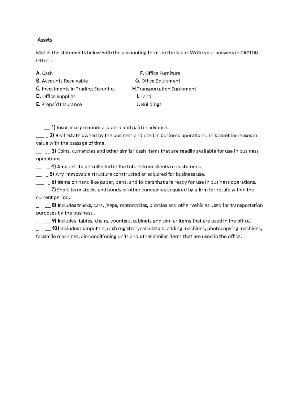 Assets Matching Exercise: Accounting Terms and Definitions - Studocu