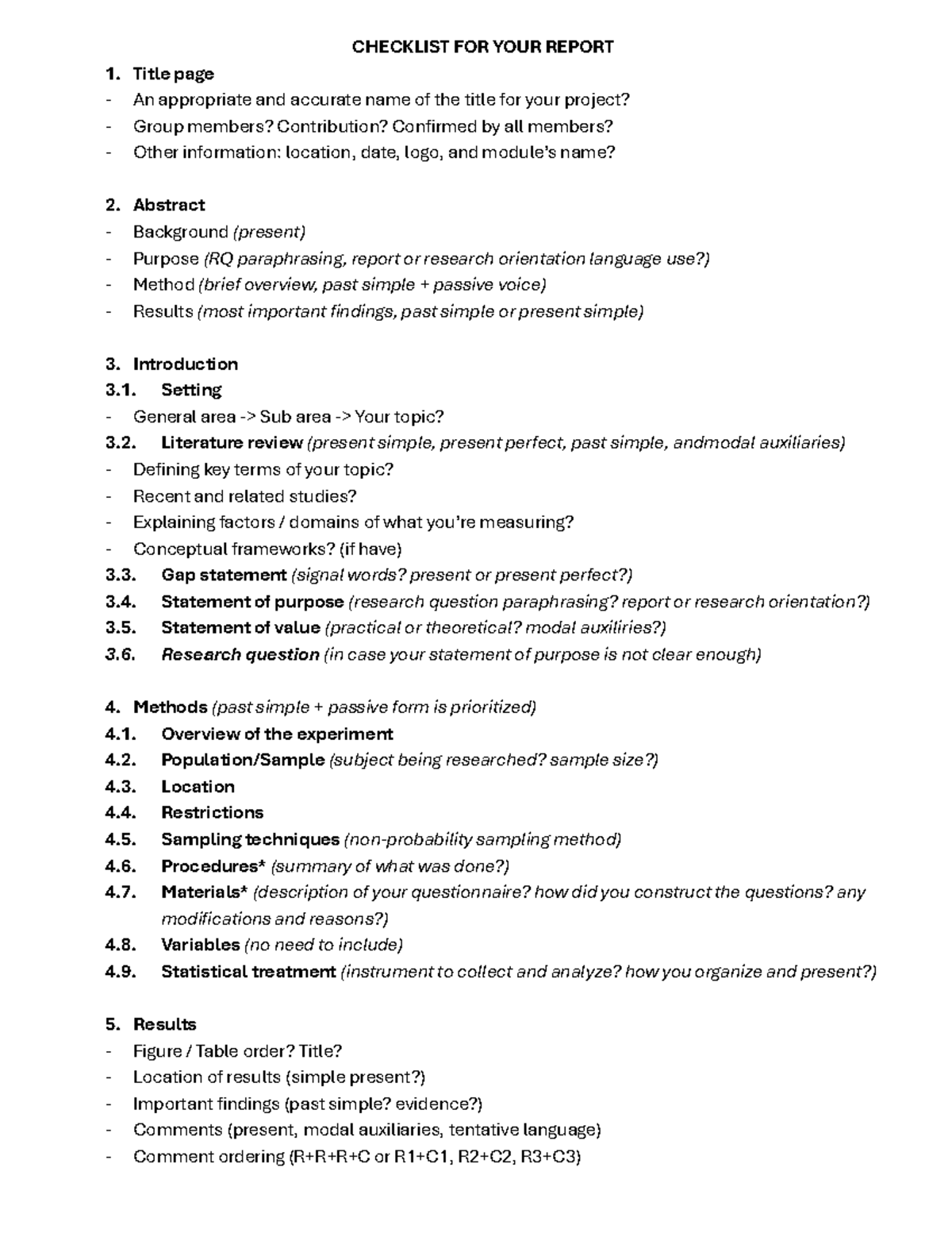 Checklist FOR YOUR Report - CHECKLIST FOR YOUR REPORT Title page An ...