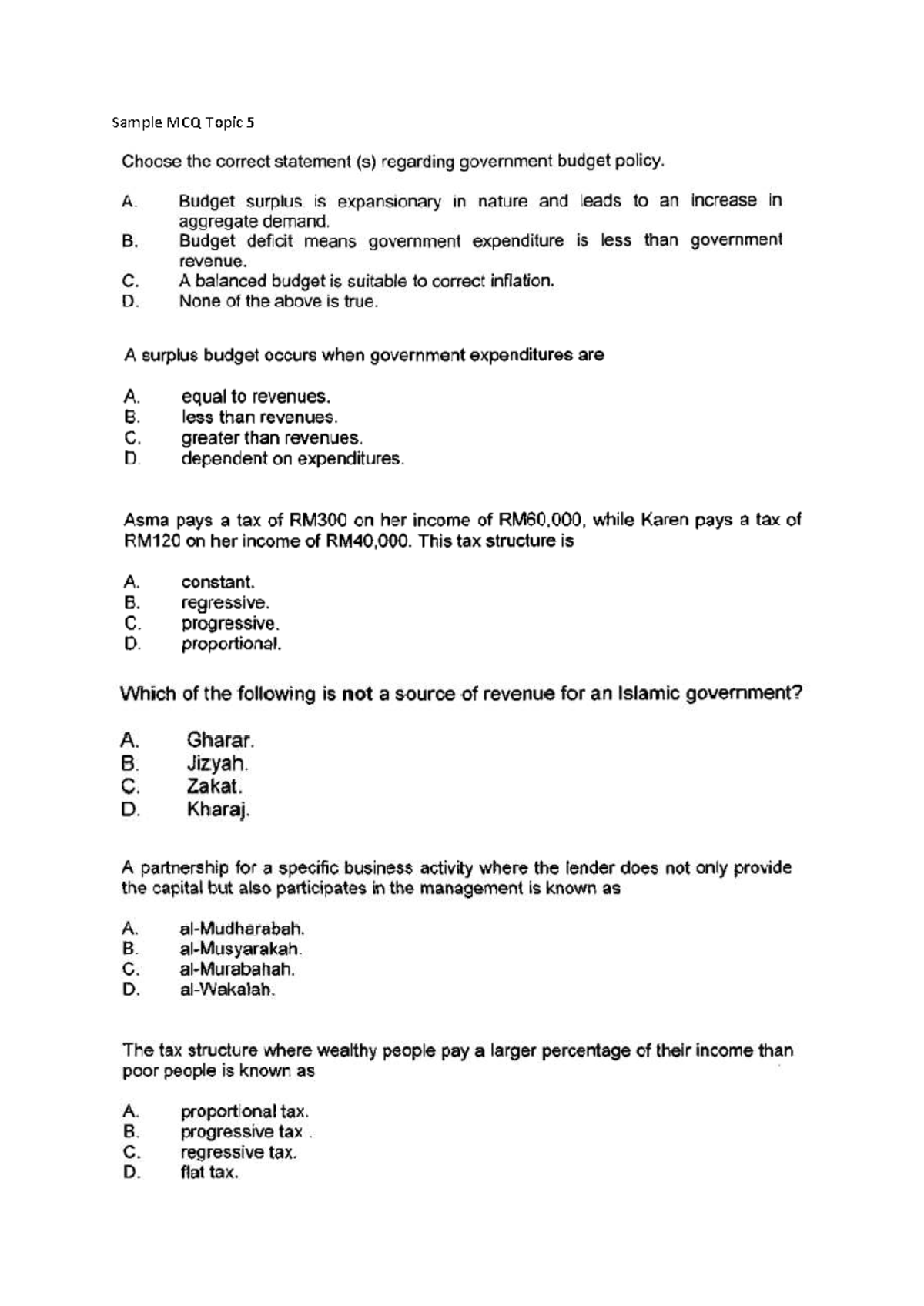 Sample MCQ Topic 5: Government Budget Policy and Tax Structures - Studocu